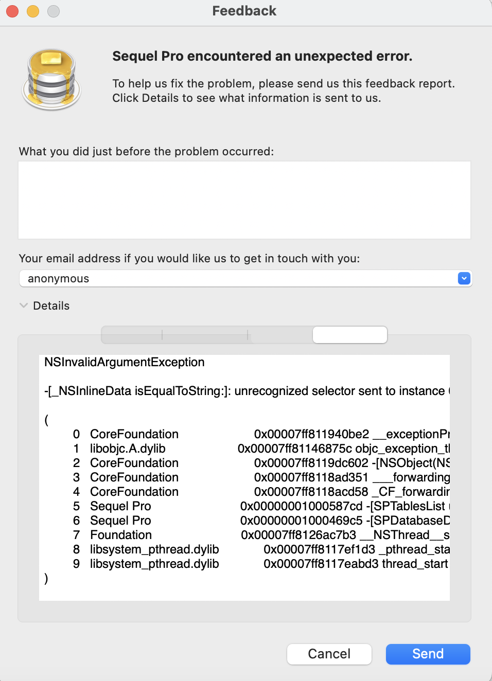 Select Database Throw Exception · Issue 3868 · Sequelpro Sequelpro · Github
