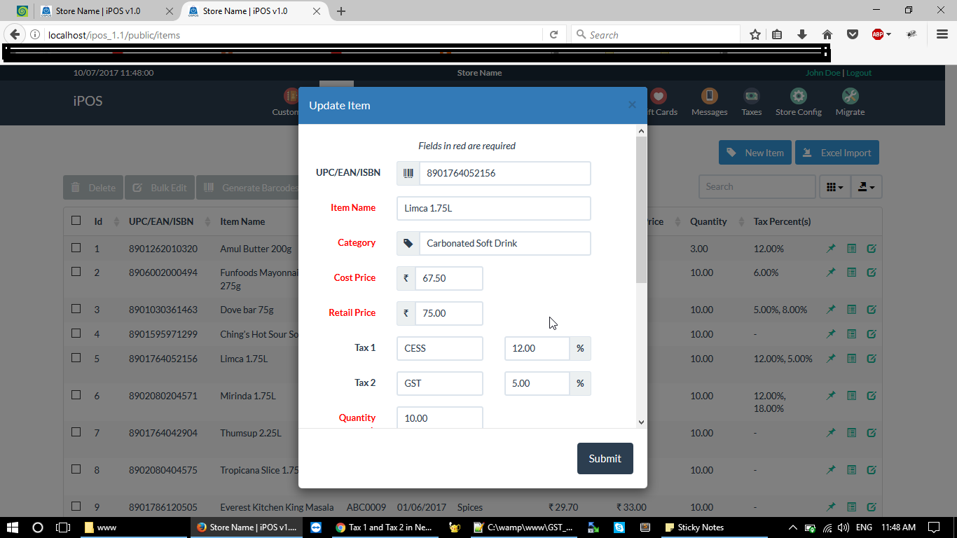 Tax 1 and Tax 2 in New item form gets swapped while updating the item. · Issue #1388 ...