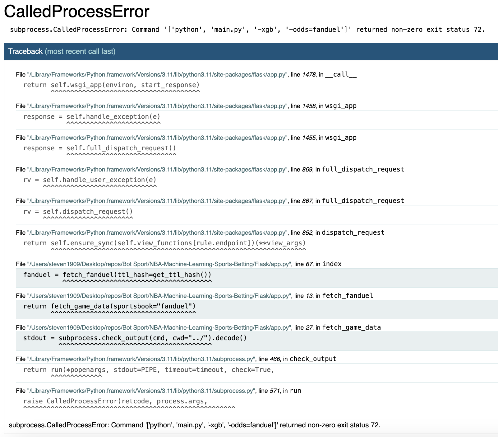 Flask Error Went Open The Page · Issue 325 · Kyleskomnba Machine Learning Sports Betting · Github