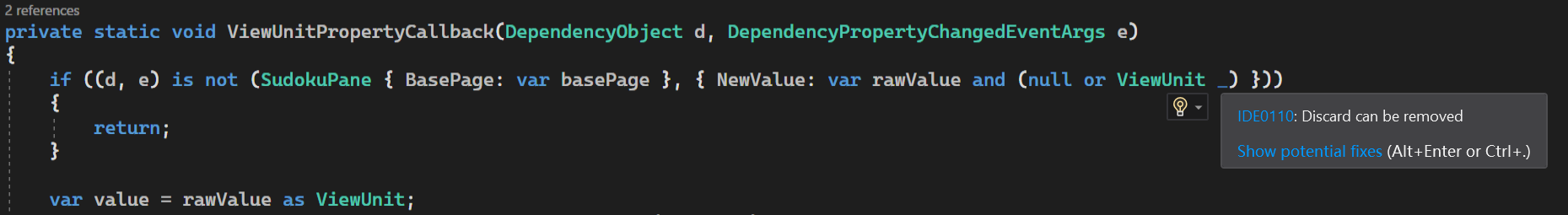 `T` in pattern `obj is not T` or `obj is ... or T` relates to ...