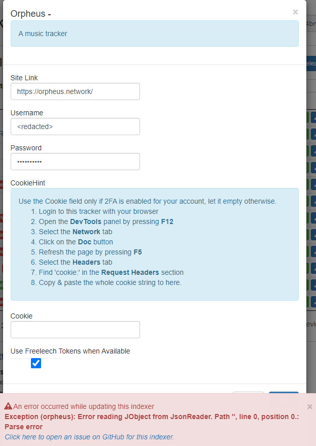[orpheus] Exception (orpheus): Error reading JObject from JsonReader. Path '', line 0, position ...