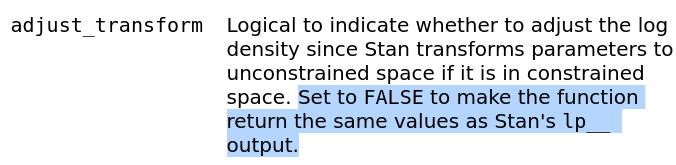 Return 0 when using log_prob() with option adjust_transform = TRUE ...