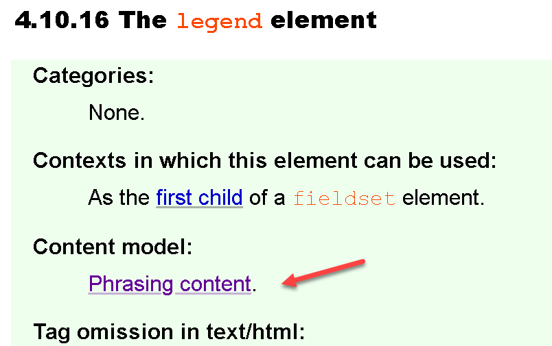 For accessibility legend element should allow for headings h1-h6 in addition to phrasing content ...