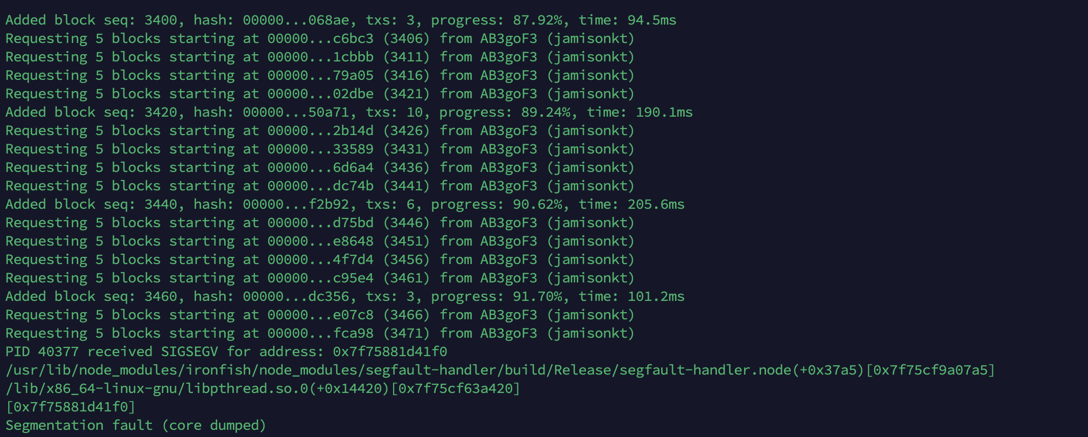 Segmentation fault (core dumped) · Issue #2985 · iron-fish/ironfish · GitHub