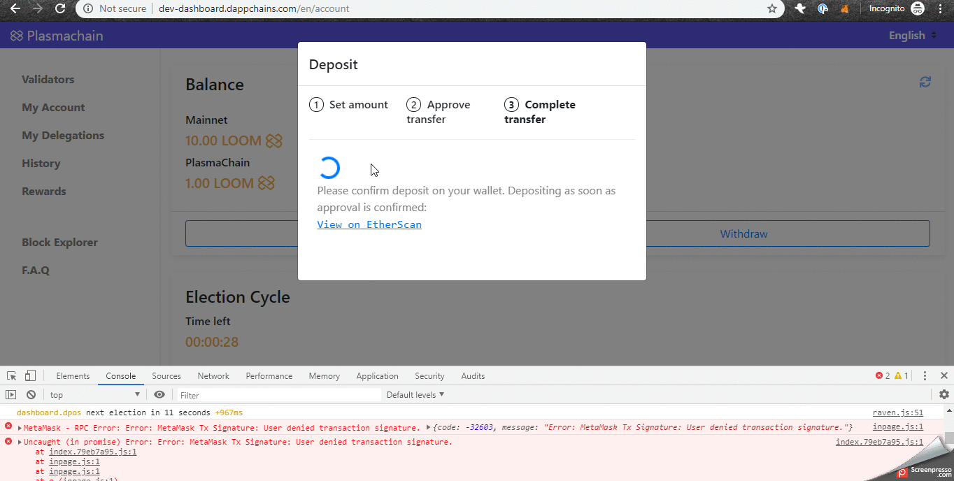 Staging (us1): Getting Stuck on Complete transfer pop up after rejecting the Tx · Issue #408 ...