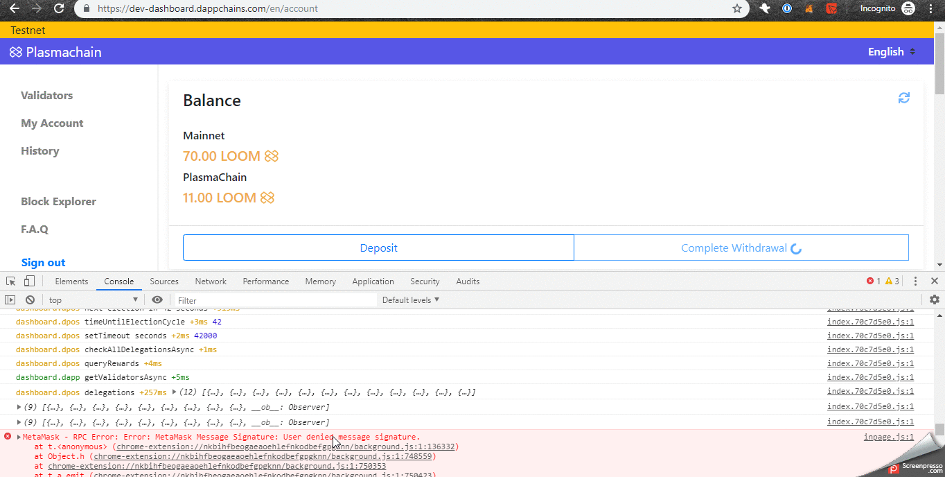Complete Withdraw button animation starts appearing after user rejects the Signature · Issue ...