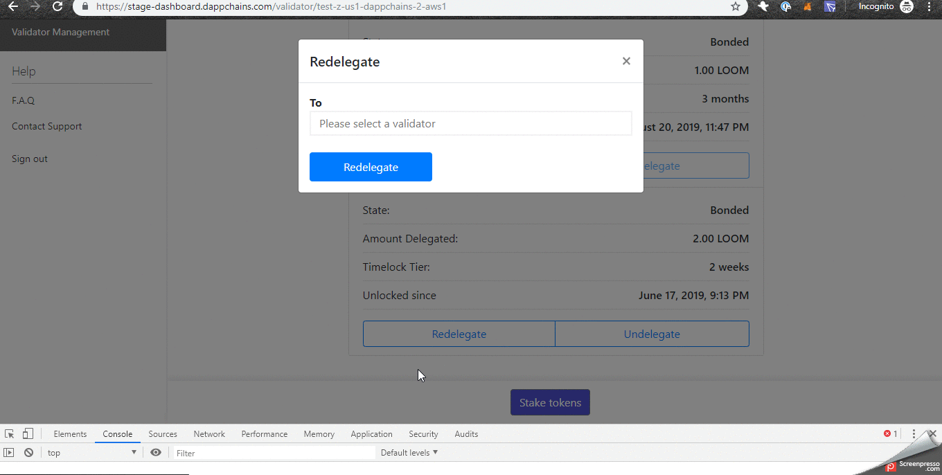 Redelegate: Validator list is not getting opened from Redelegate pop up · Issue #758 ...
