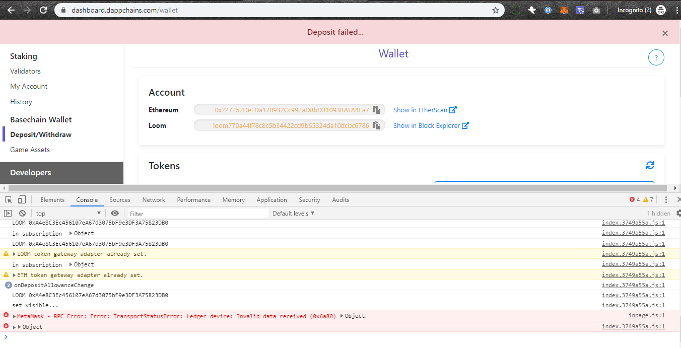 The deposit/Withdraw are getting failed now after updating the Ledger firmware to 1.6.0 · Issue ...