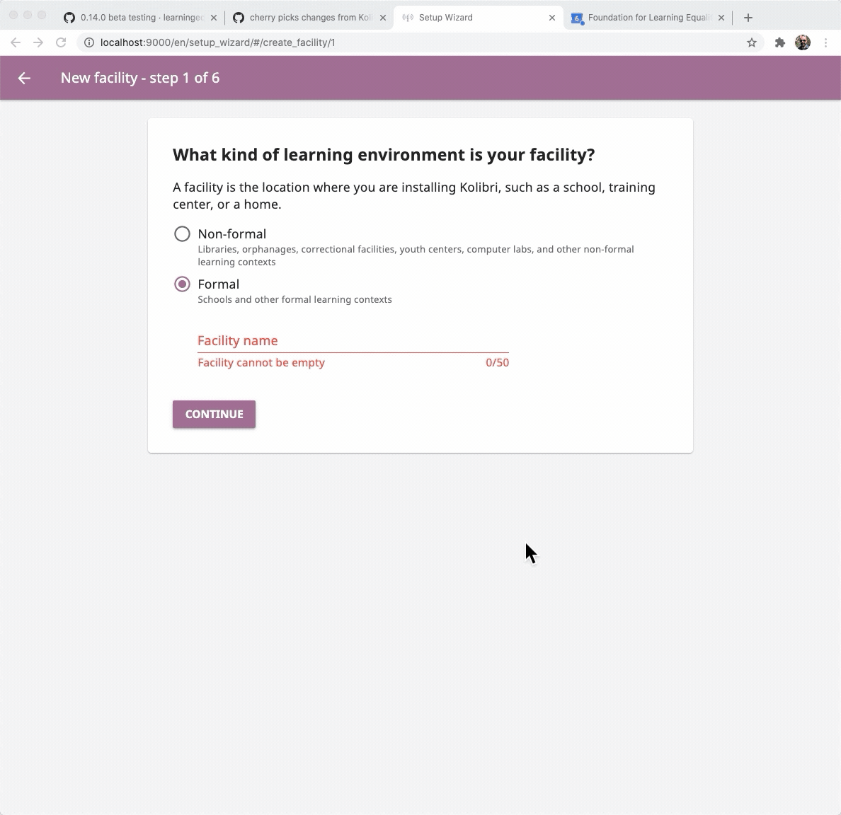 In Setup Wizard, Facility name field can move around because it is inside the label for radio ...
