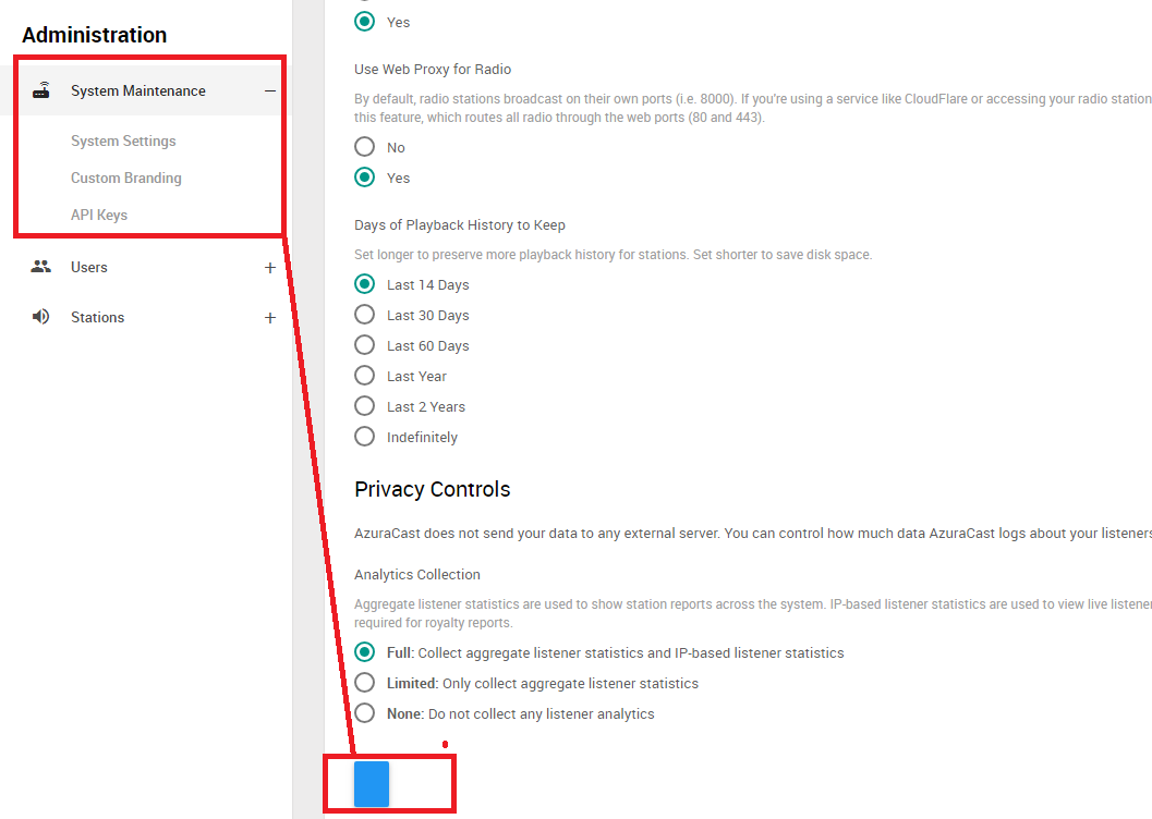 does not display a button in the settings · Issue #648 · AzuraCast/AzuraCast · GitHub