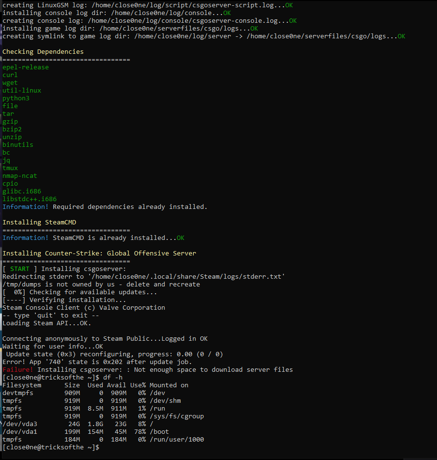 [BUG] Installing csgoserver: : Not enough space to download server files · Issue #3454 ...