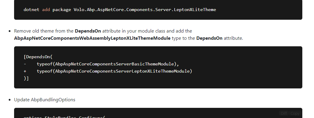 Docs Module doesn't support `diff` as a code block · Issue #12485 · abpframework/abp · GitHub