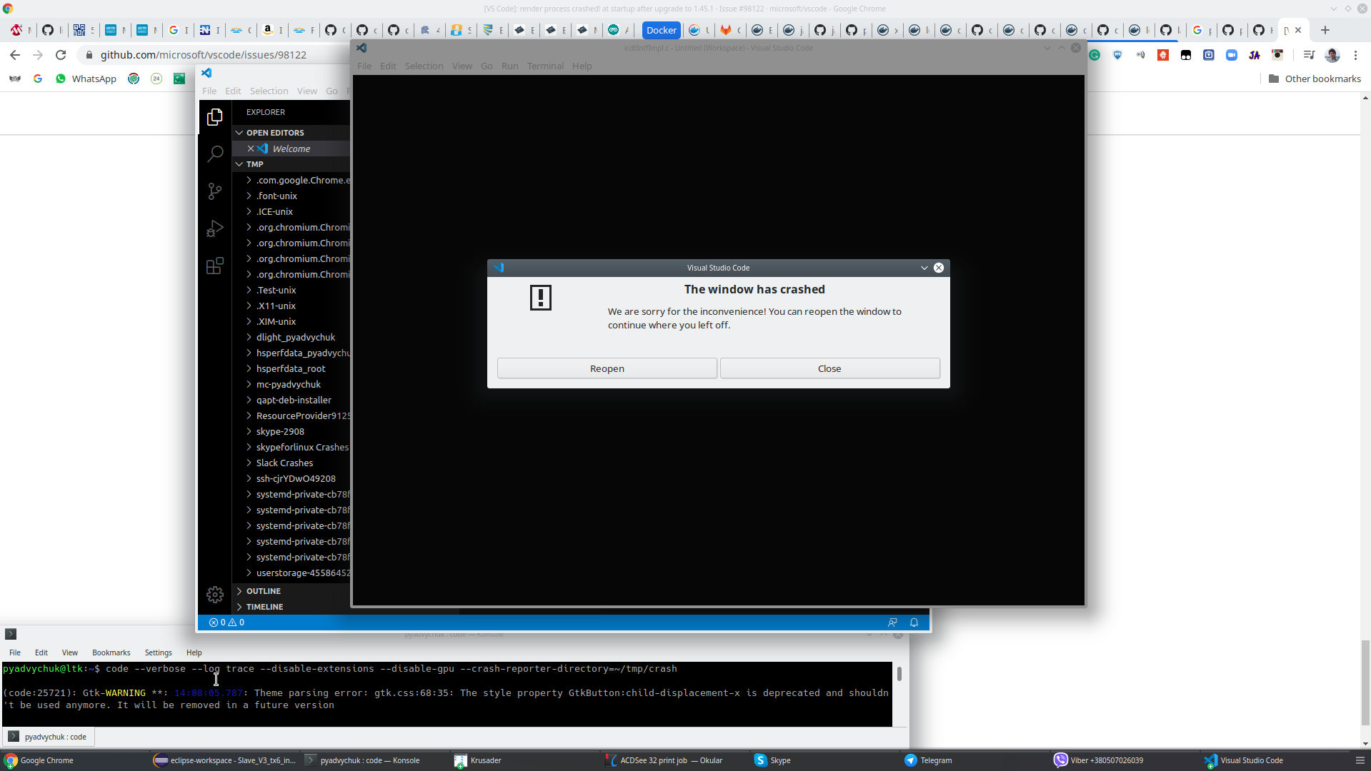 [VS Code]: render process crashed! at startup after upgrade to 1.45.1 ...