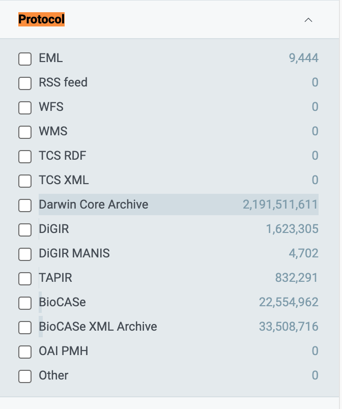 Remove irrelevant protocols in the occurrence search · Issue #1802 · gbif/portal16 · GitHub