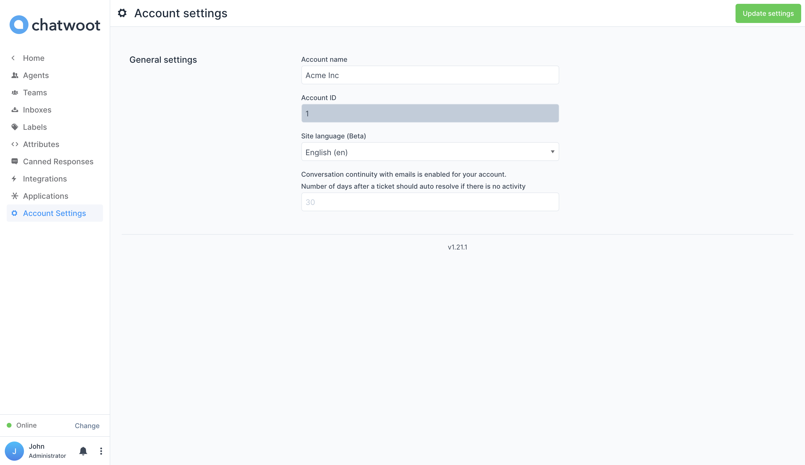 Display account id in account settings · Issue #3317 · chatwoot/chatwoot · GitHub