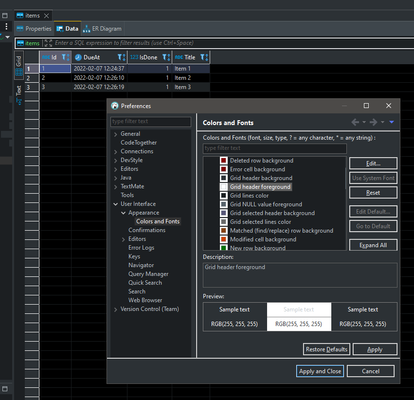 Separate color configuration for grid header foreground and grid header ...