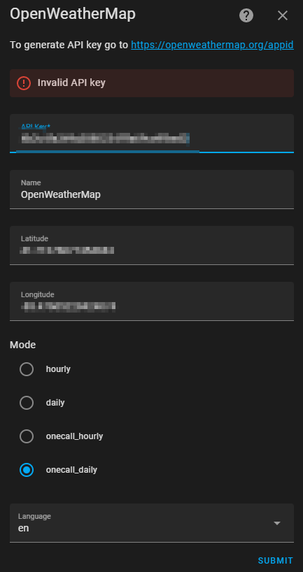 OpenWeatherMap Integration dont Accept API Key · Issue #77914 · home-assistant/core · GitHub