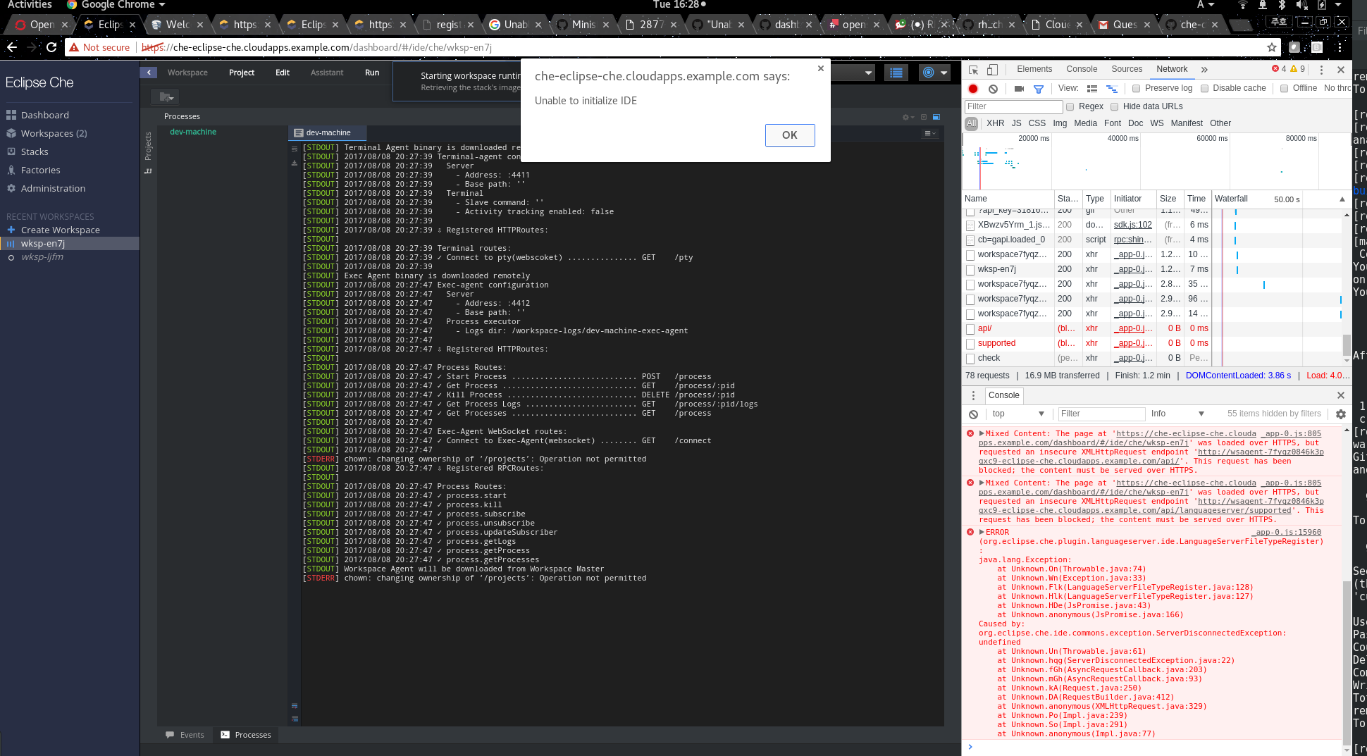 Minishift - Workspace Creation fails with error "Unable to initialize ...