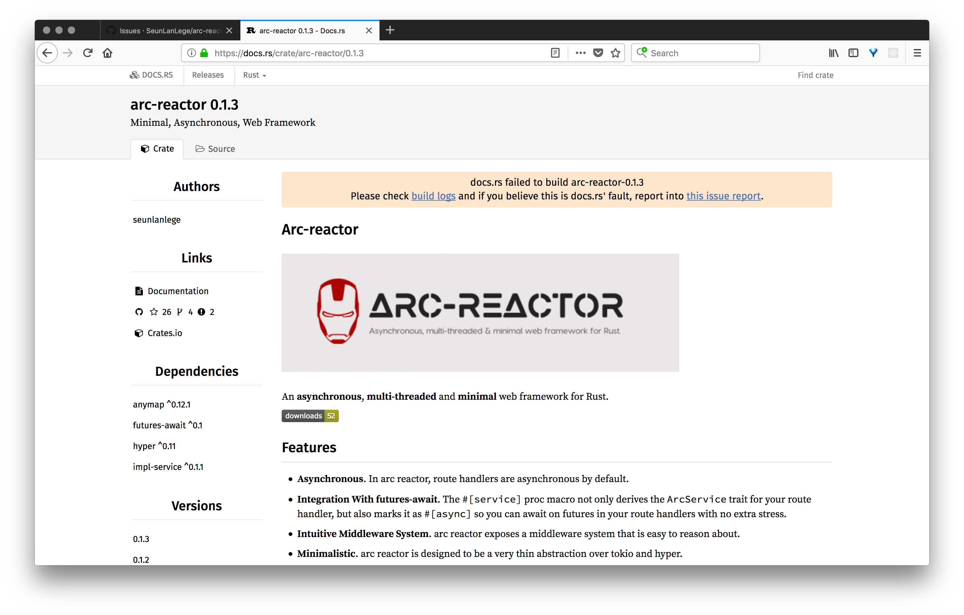 docs.rs build failure for 0.1.3. · Issue #47 · seunlanlege/arc-reactor ...