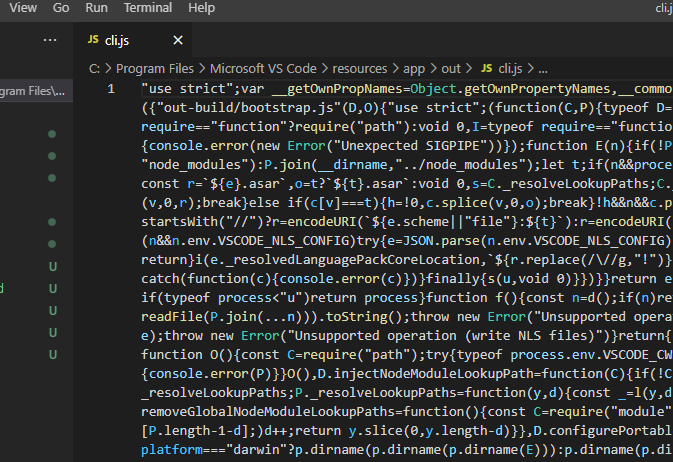 Typing "code ." from command-prompt shows brings up cli.js and starts logging message to the ...