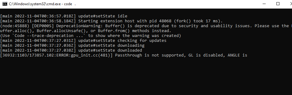 Typing "code ." from command-prompt shows brings up cli.js and starts logging message to the ...