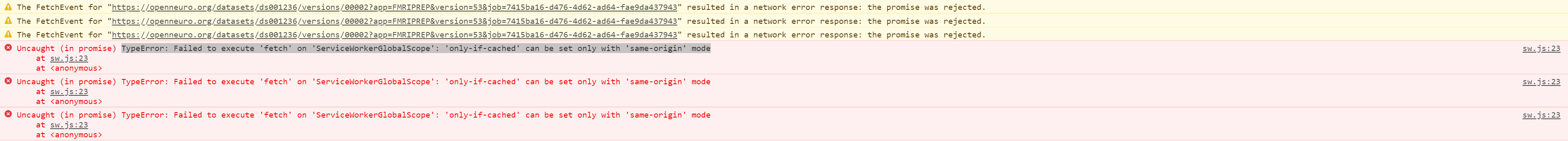 TypeError: Failed to execute 'fetch' on 'ServiceWorkerGlobalScope': 'only-if-cached' can be set ...