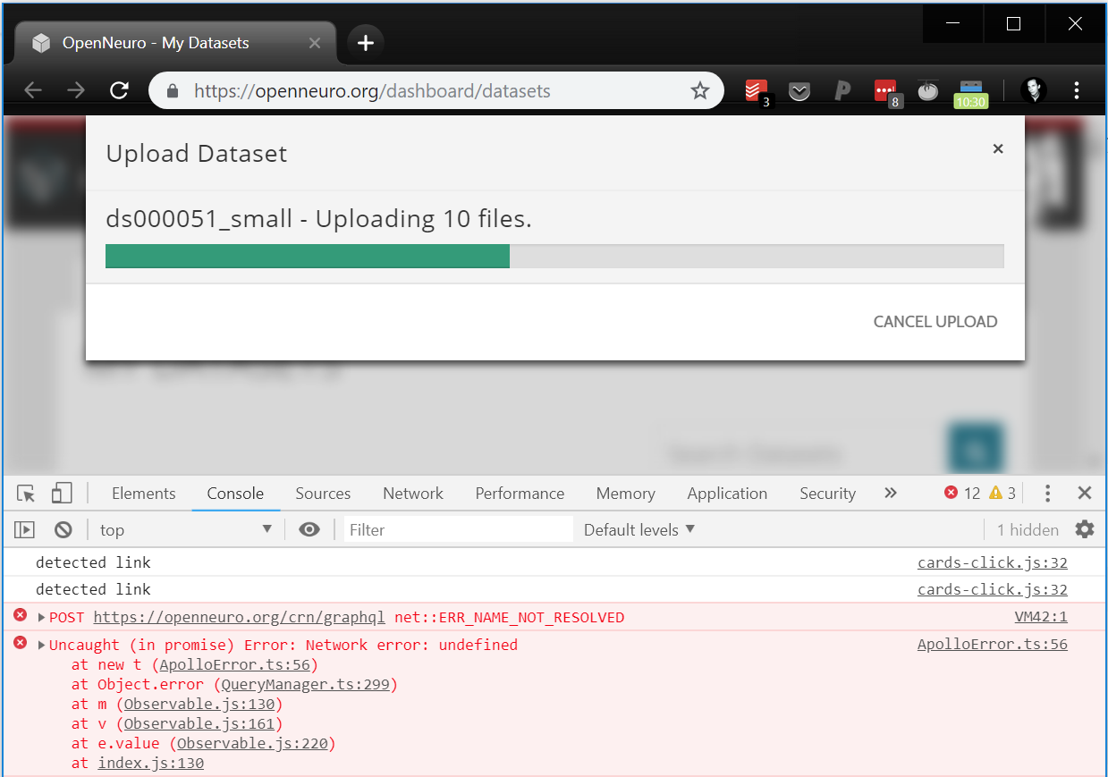 Upload errors are not passed to the user · Issue #793 · OpenNeuroOrg/openneuro · GitHub