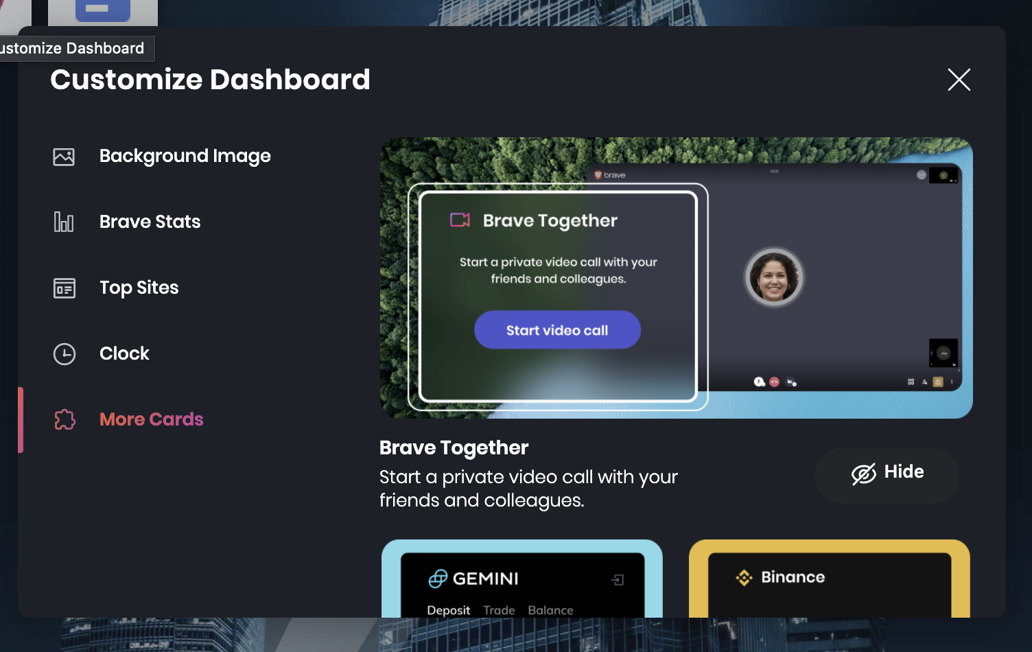 Customize Dashboard > Cards "Hide" button in dark theme is not visible ...