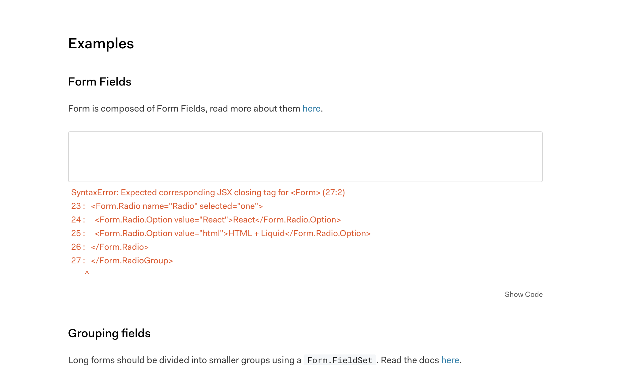 Syntax error in documentation for Form Fields · Issue #578 · auth0/cosmos · GitHub