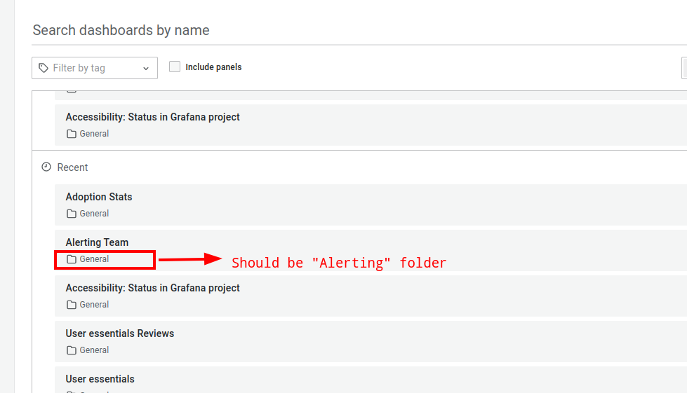 Search: 'Recent' section display 'General' folder for all dashboards · Issue #58481 · grafana ...