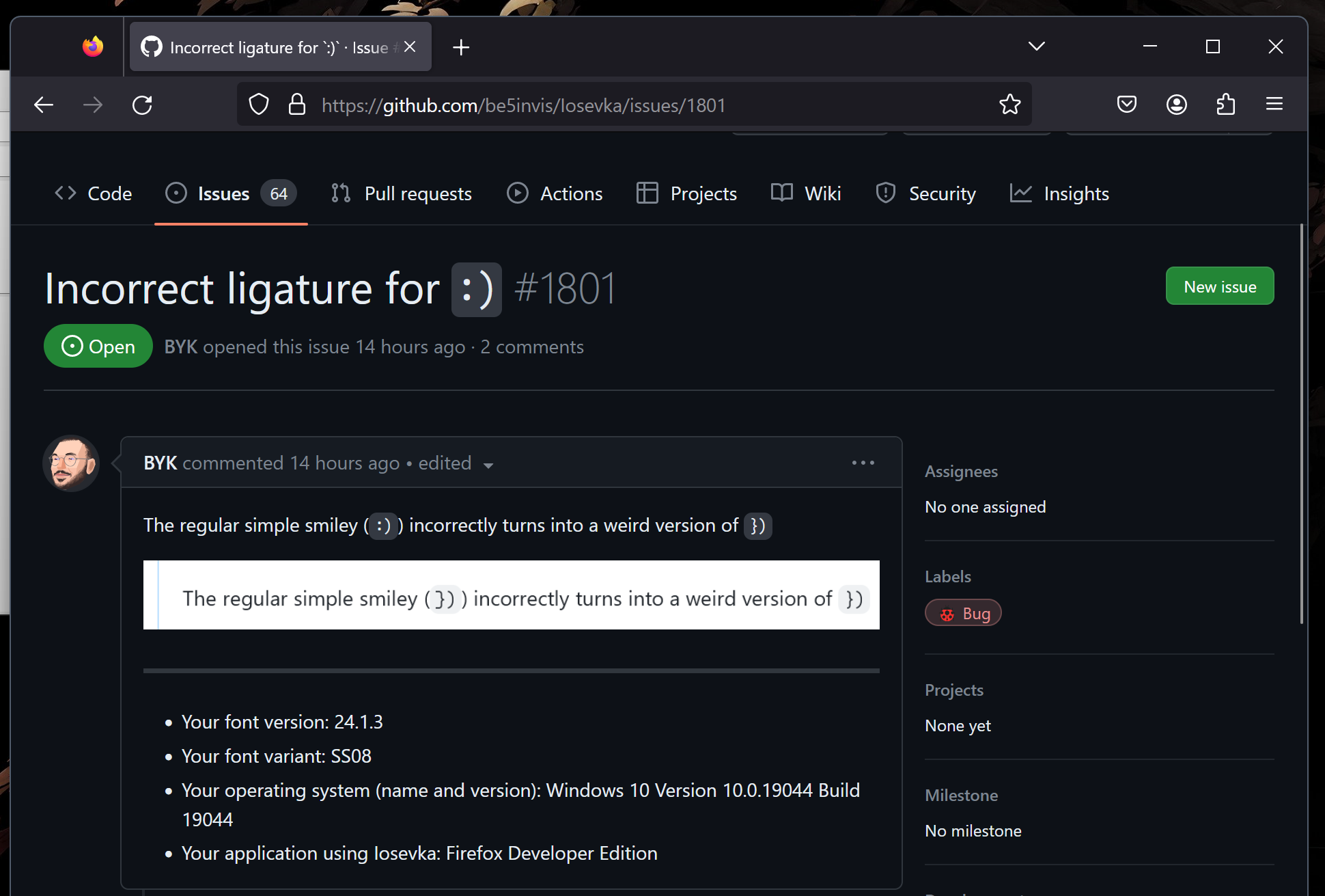 Incorrect ligature for `:)` · Issue #1801 · be5invis/Iosevka · GitHub