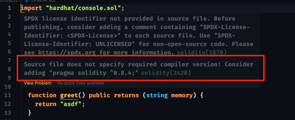 quick fix suggestion: add solidity pragma line · Issue #25 · NomicFoundation/hardhat-vscode · GitHub