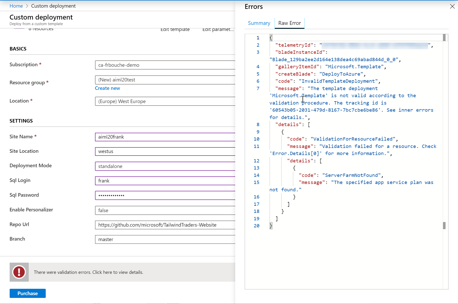westeurope location deployment is failing for TWT website ARM template (AIML20). But worked for ...