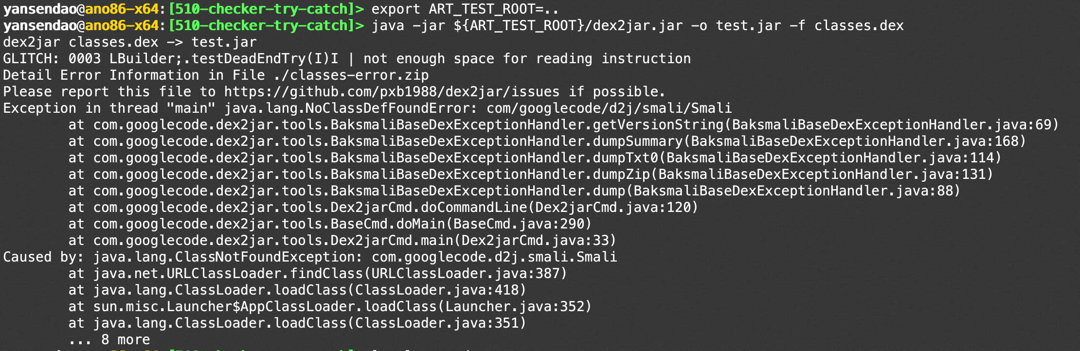 GLITCH: 0003 LBuilder;.testDeadEndTry(I)I | not enough space for ...