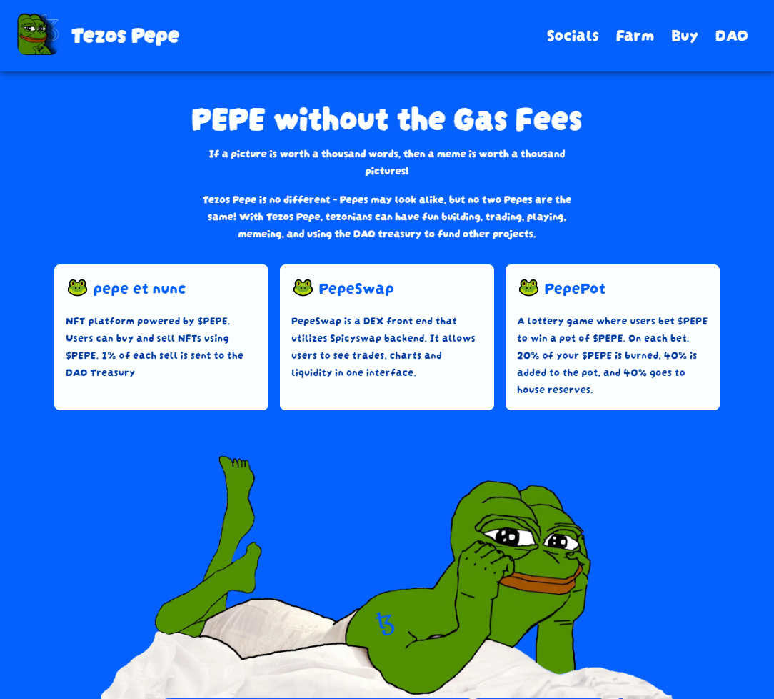 GitHub - tezospepe/tezos-pepe-frontend: frontend for the https://tezospepe.com/ homepage.