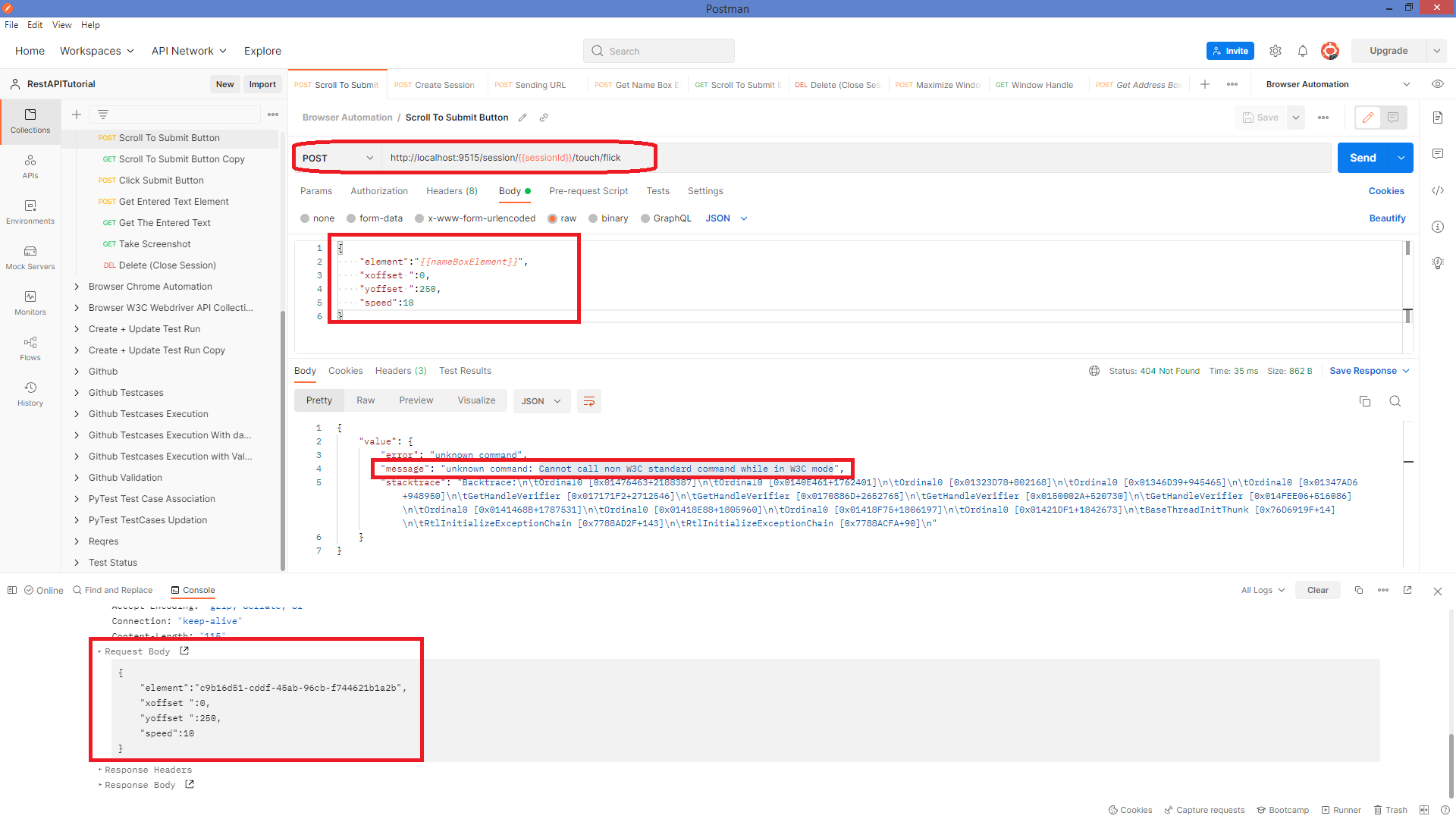 🐛 Bug Touchflick Api Is Giving Cannot Call Non W3c Standard Command While In W3c Mode In 