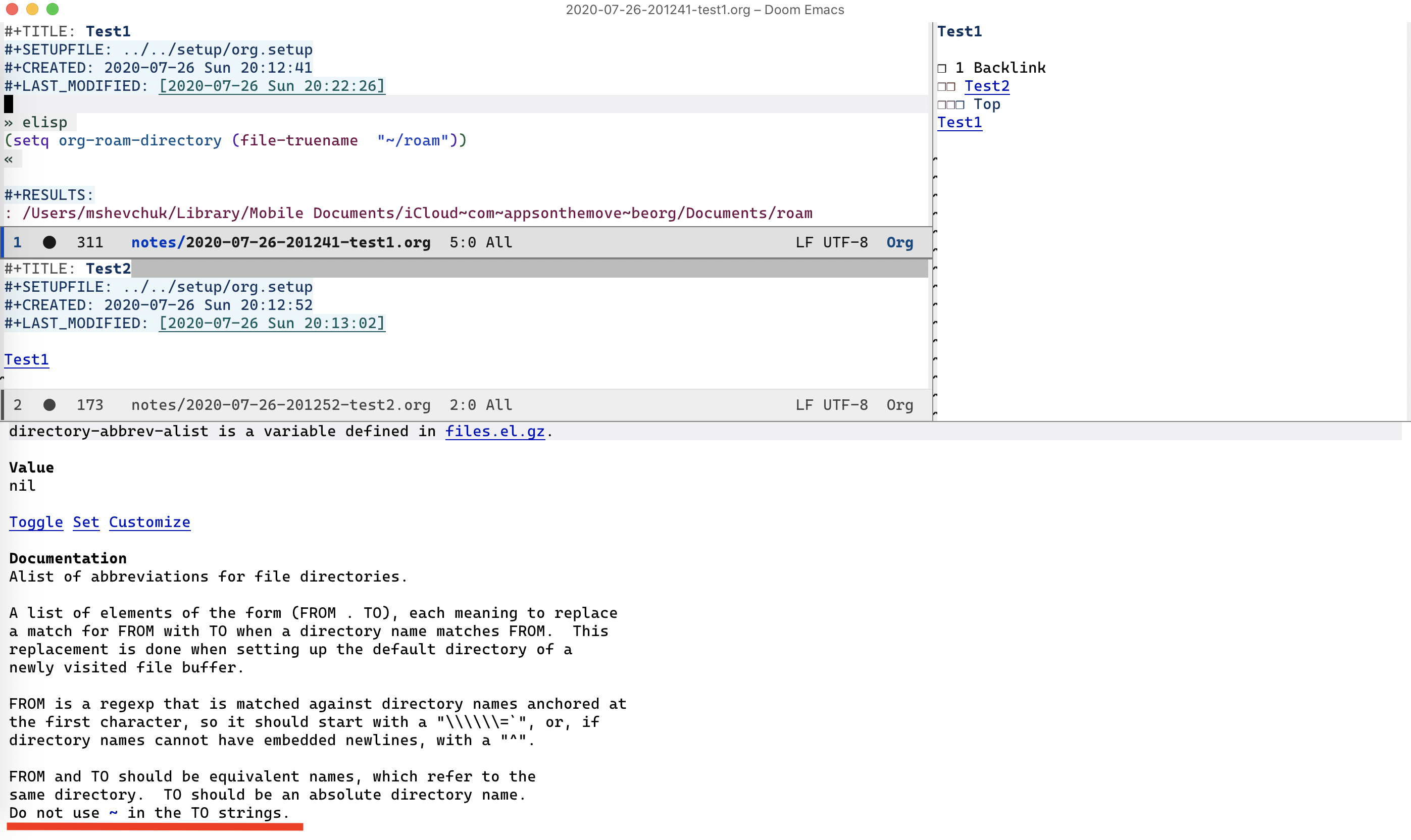 There are no backlinks when org-roam-directory is an app document directory in iCloud. · Issue ...