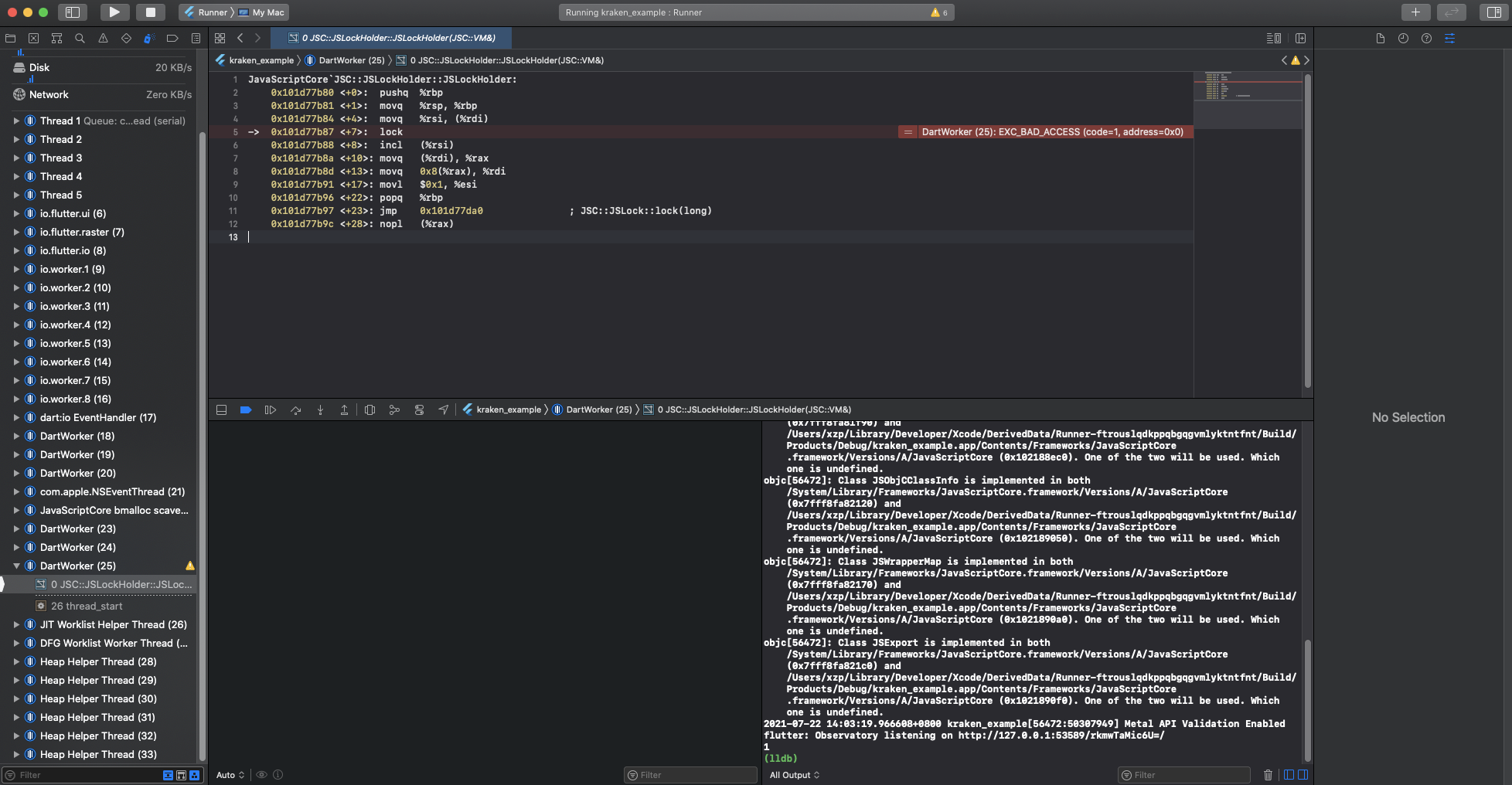 Macos启动调试过程报错 DartWorker (25): EXC_BAD_ACCESS (code=1, address=0x0) · Issue #521 · openkraken ...