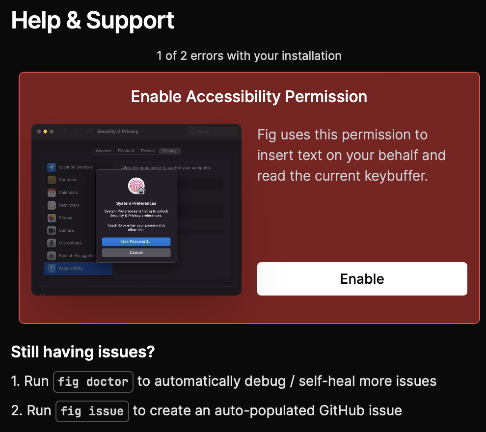 Accessibility enabled: Accessibility is disabled when Fig is given permission in system ...