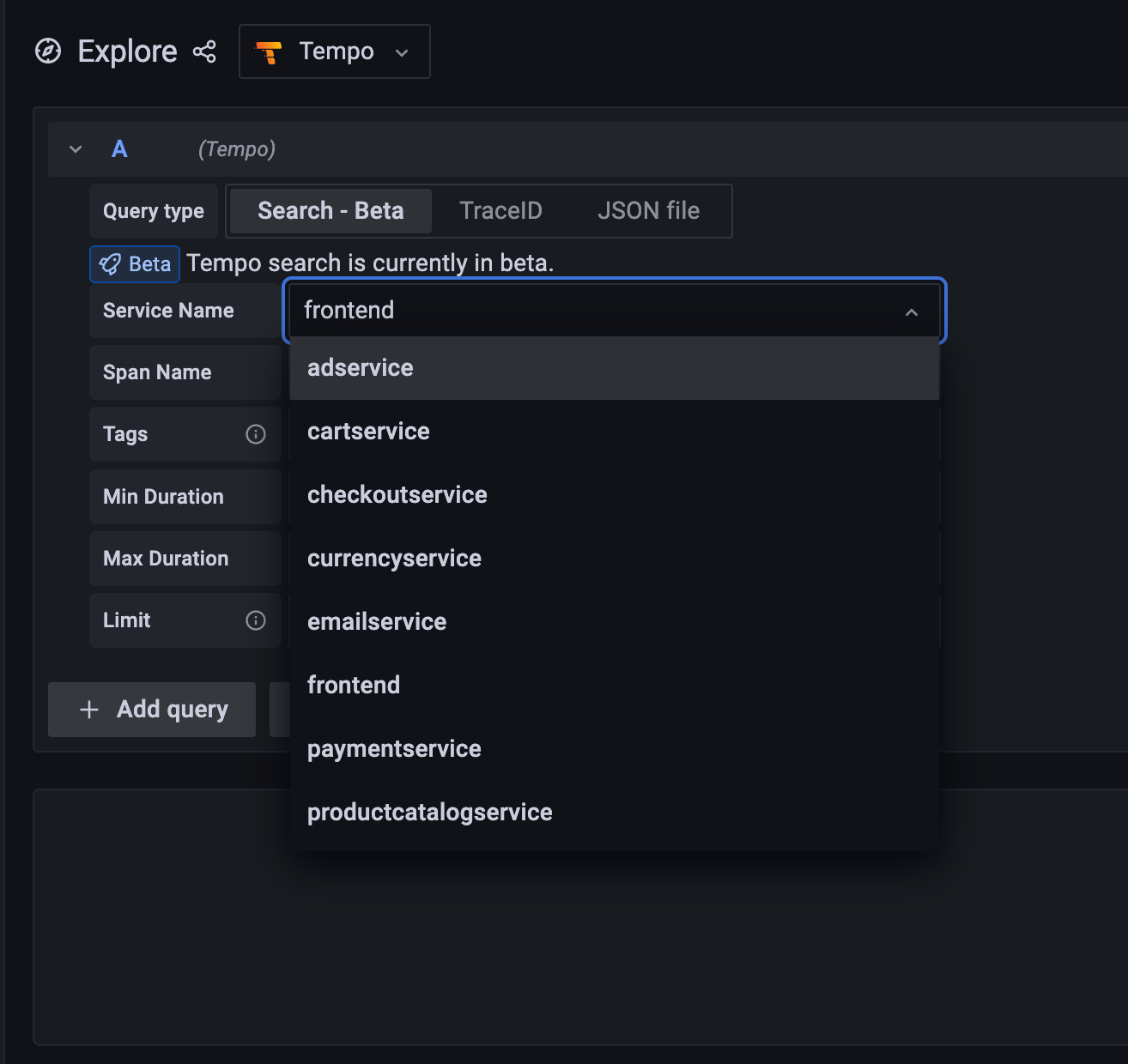 Tempo Search UI: Service Name and Span Name prefix search do not work · Issue #1402 · grafana ...
