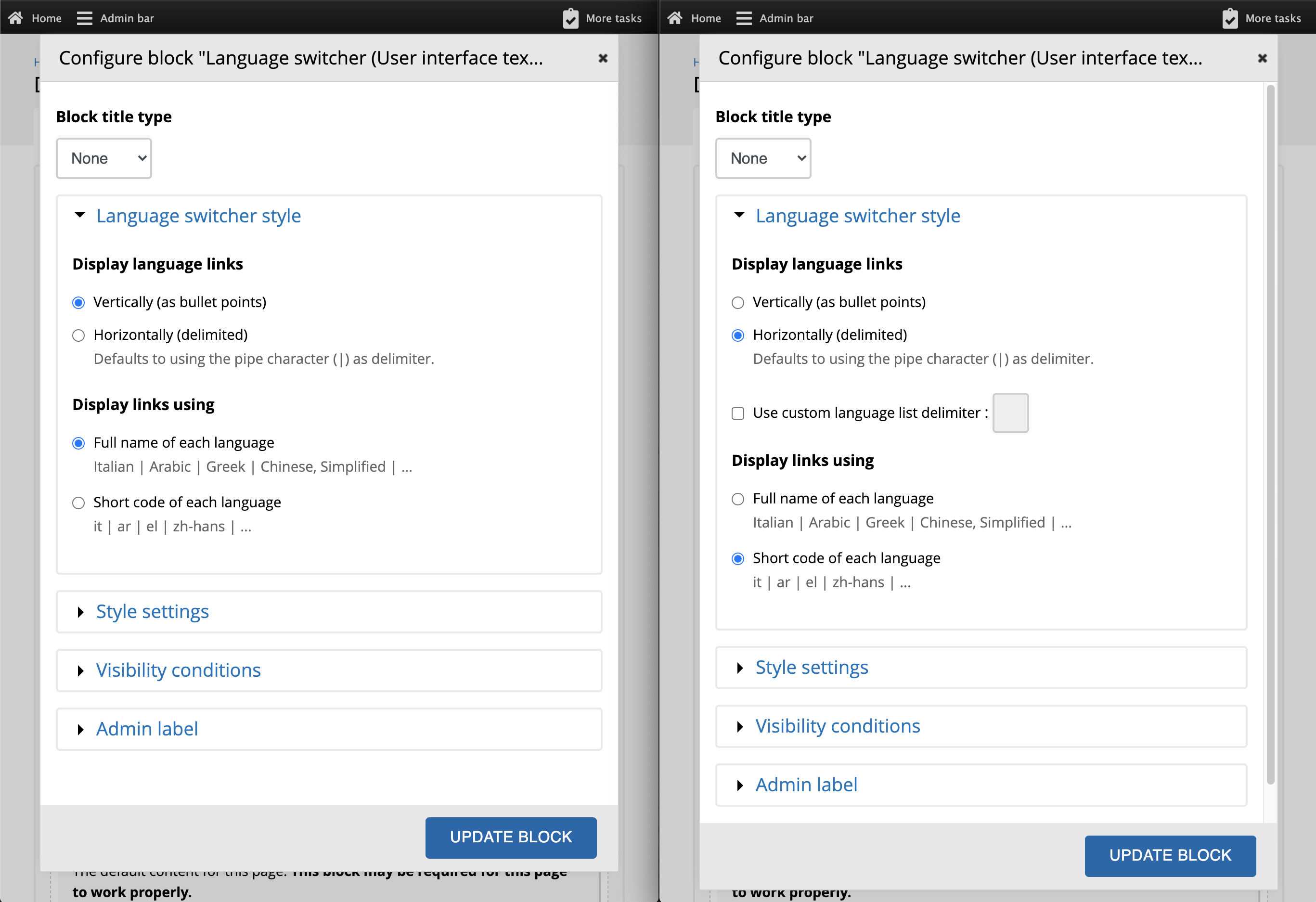 [UX] Language switcher block: allow some basic customization via the block configuration form ...