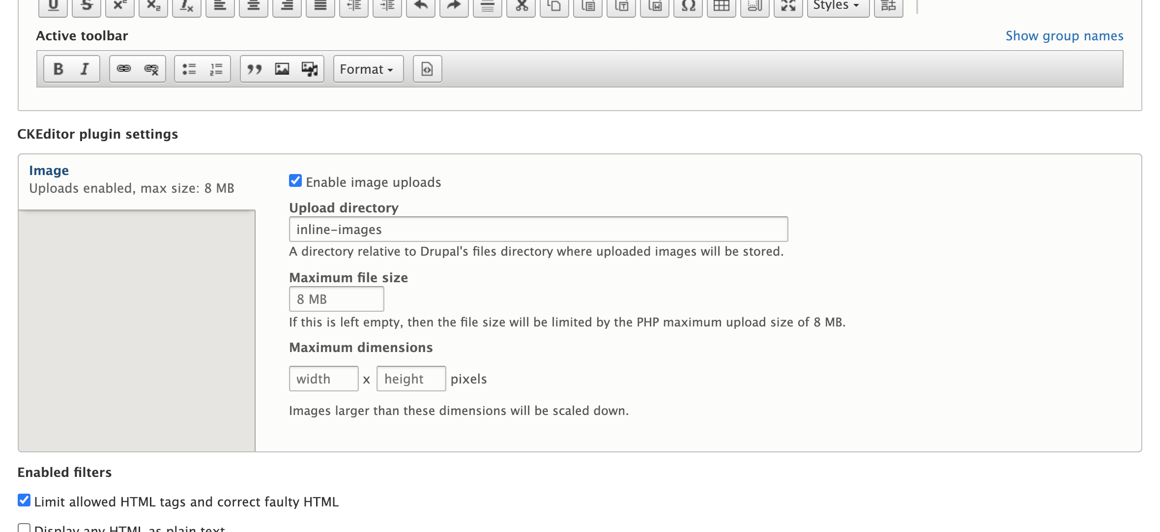 [D8][UX] Text format configuration form: render CKEditor settings as vertical tabs · Issue #5301 ...
