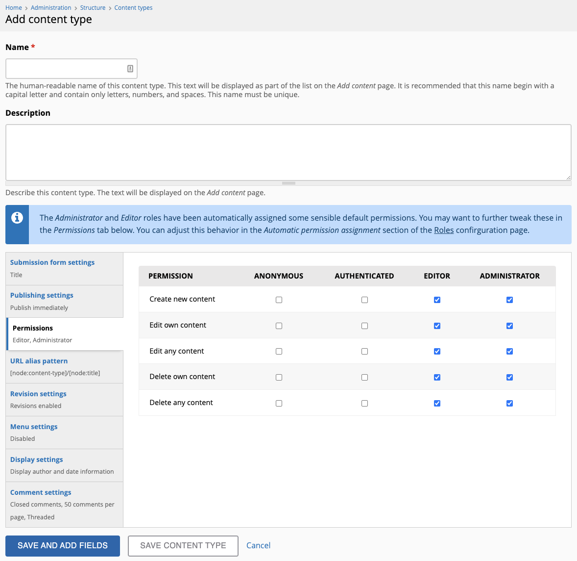 [UX] When a new content type is created, automatically assign permissions to the Editor role ...