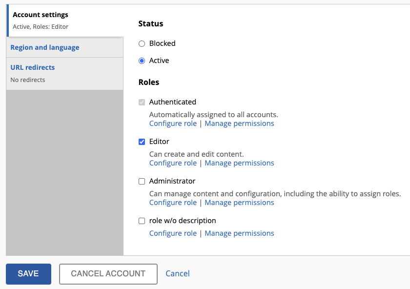 [UX] Improve the default user management view and account edit form with links to manage ...