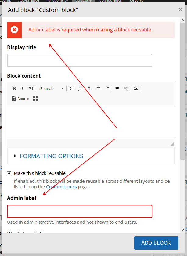 [UX] Manage blocks UI: No required indicator in "Admin label" field for custom blocks. · Issue ...