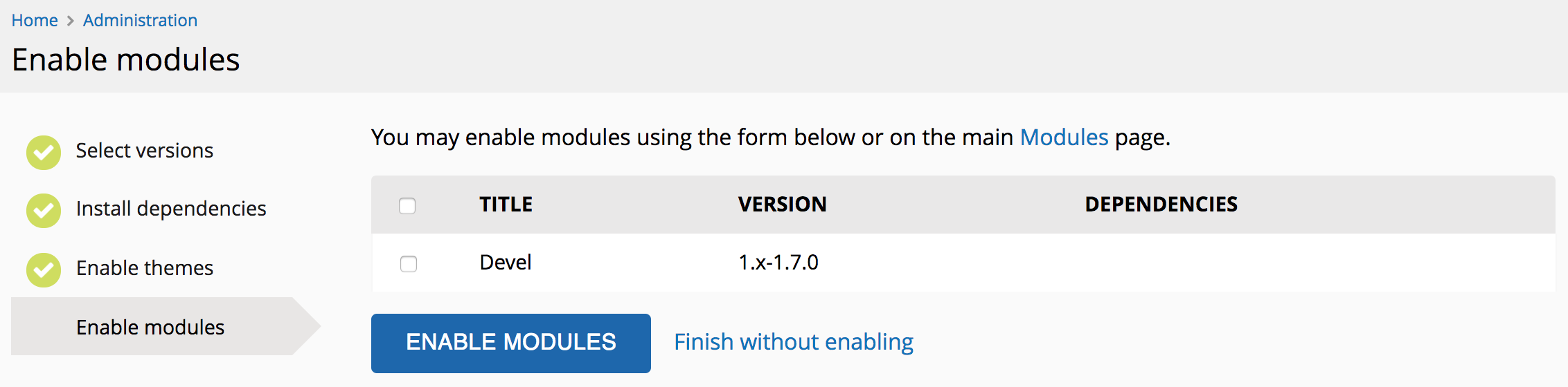 [UX] Project installer: No "Enable modules"/"Finish without enabling ...
