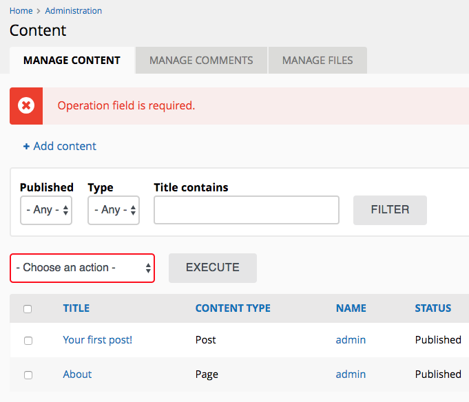 [UX] VBO: Actions field still referred to as "Operation" + no error message if no items selected ...