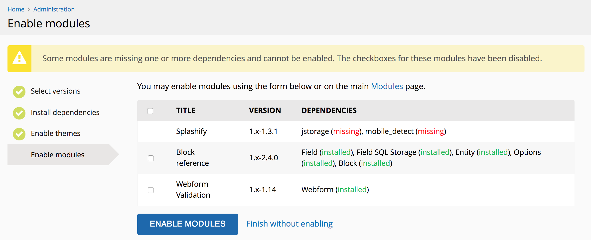 [UX] Project installer: No "Enable modules"/"Finish without enabling ...