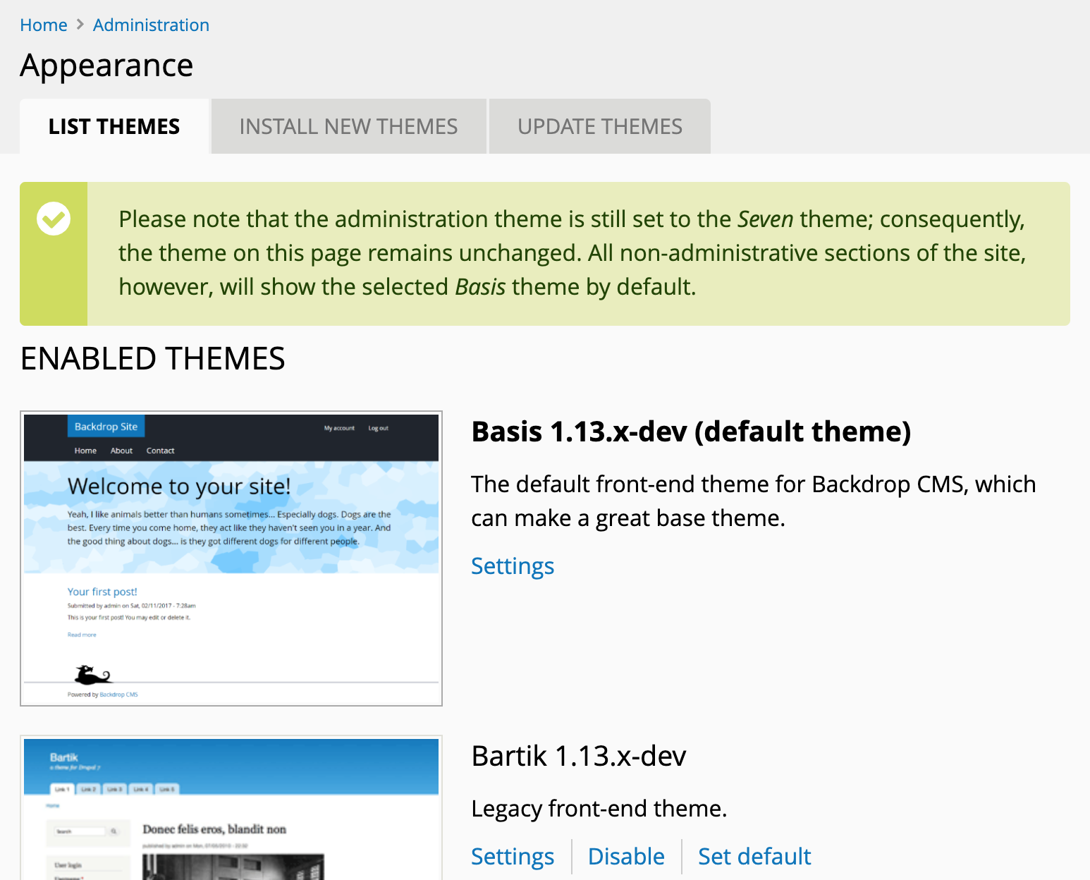 [UX] Better messages and clear caches when changing the default theme ...