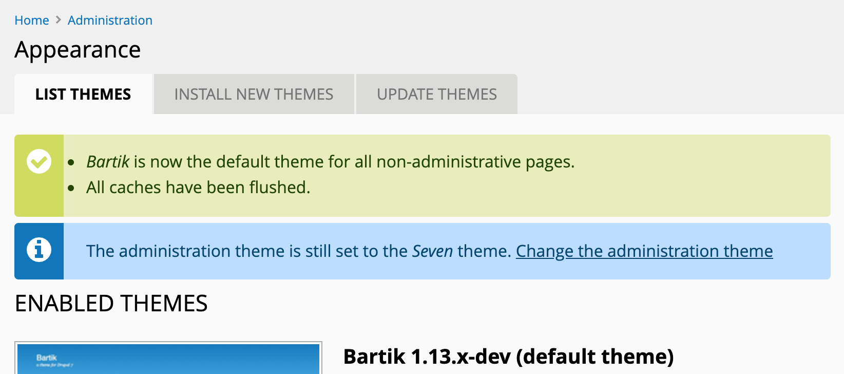 [UX] Better messages and clear caches when changing the default theme ...